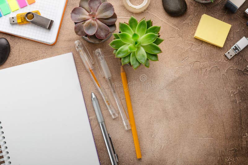 Notepad and Succulents on the Table. the Business Concept. Top View ...