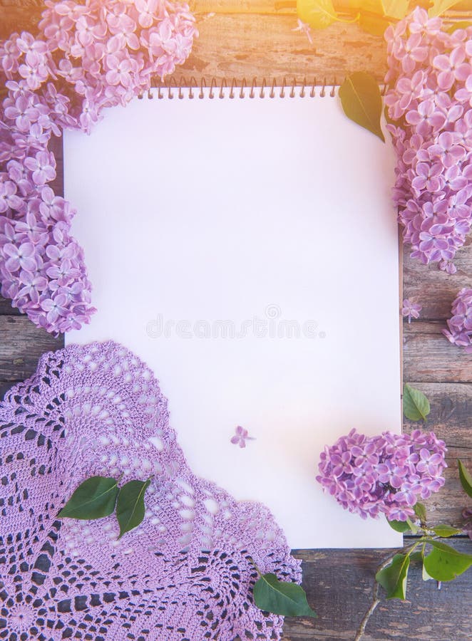 Empty Notebook List Top View Mockup with Lilac Flowers and Crochet ...