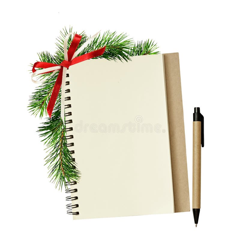 Empty Notebook and Pen with Christmas Decorations Isolated on White ...