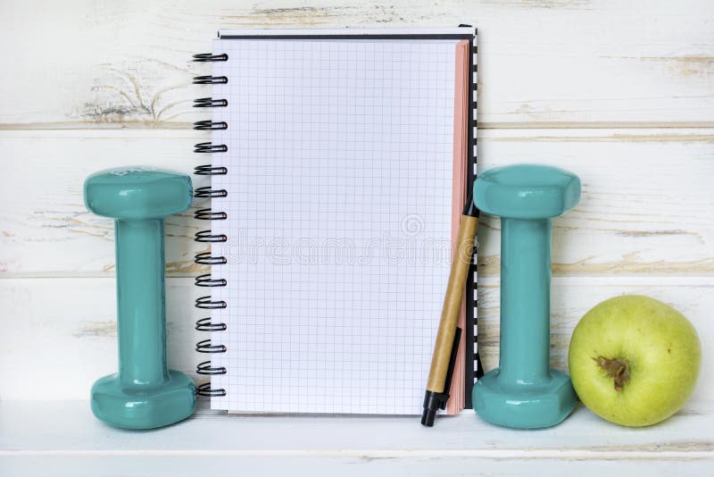 Empty Notebook for Workout Plan Apple and Hand Weights Stock Photo ...