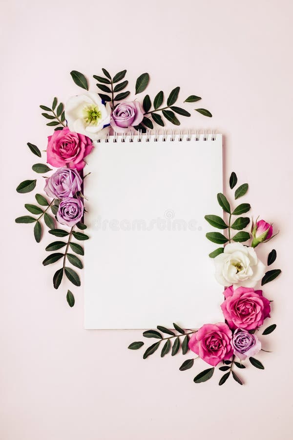 Empty Notepad and Floral Frame in Pastel Colors. Romantic Concept, Boho ...