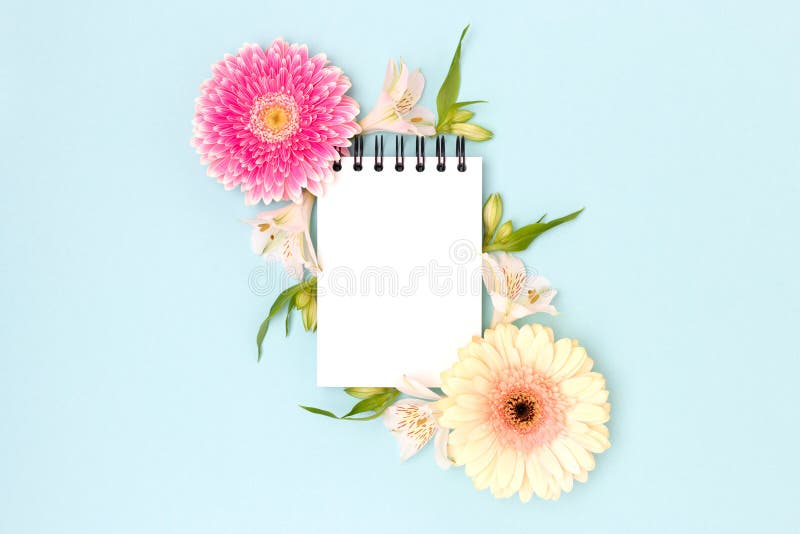 Empty Notepad Mockup. Frame Made of Green Leaves, Alstroemeria and ...