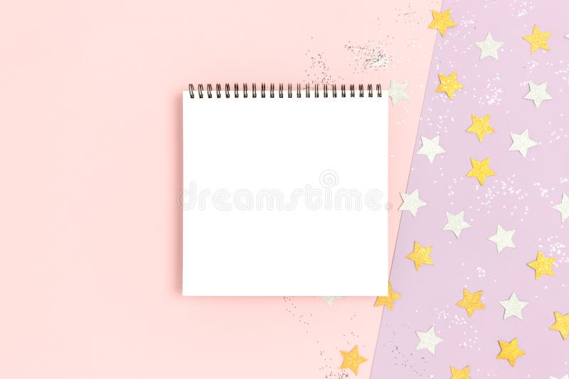 Empty Notepad Mockup on a Pink Pastel Background. Stars Confetti ...