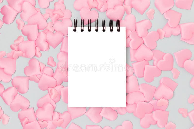 Empty Notepad Mockup and Pink Textile Hearts Confetti. Stock Image ...