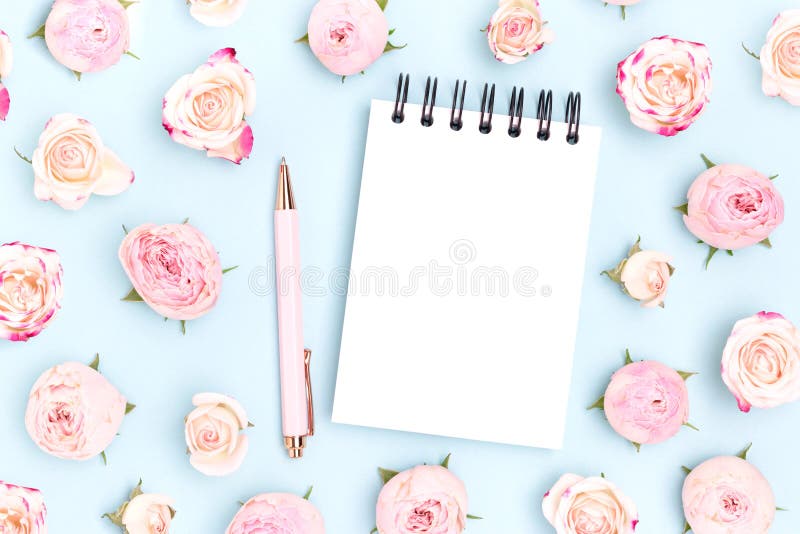 Empty Notepad Mockup. Stationery and Pink Rose Flowers. Stock Image ...