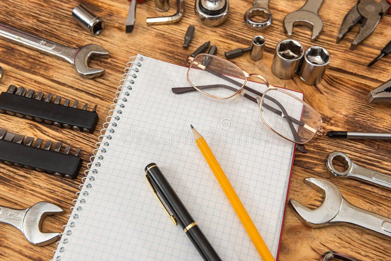 Empty Notepad Surrounded a Set of Construction Tools Stock Image ...