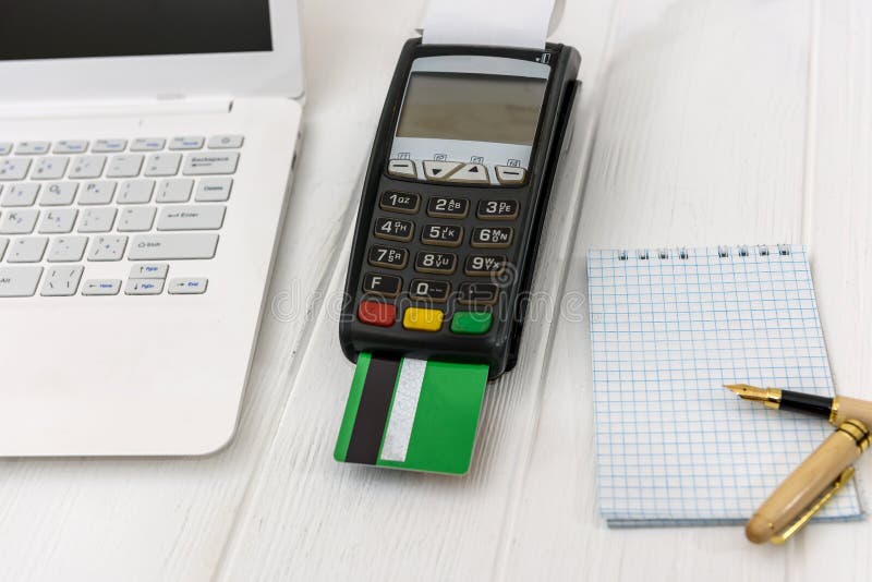 Empty Notepad with Terminal, Credit Card and Laptop Stock Image - Image ...