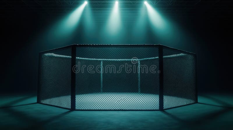 Empty Octagon Cage in Dark Arena. Dramatic Lighting Highlights ...