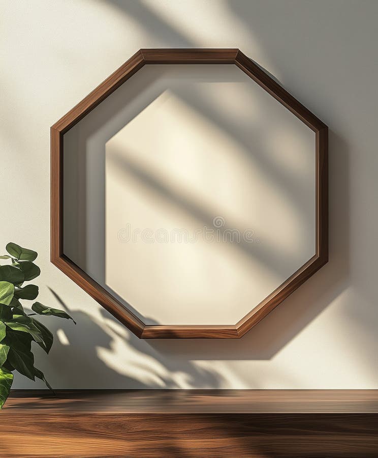 Empty Octagonal Frame Casting Shadows on a Light Wall with a Plant ...