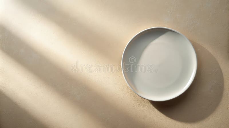 Empty Off-white Plate on a Beige Surface with Sunlight Shadows ...