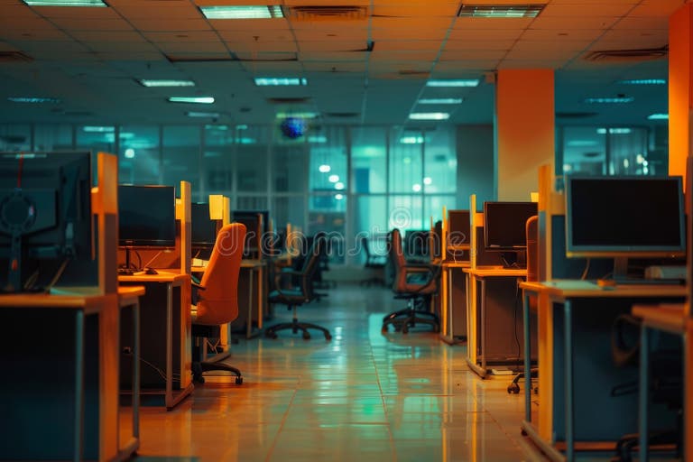 An Empty Office Area Features Rows of Desks with Computers, Dim Yellow ...