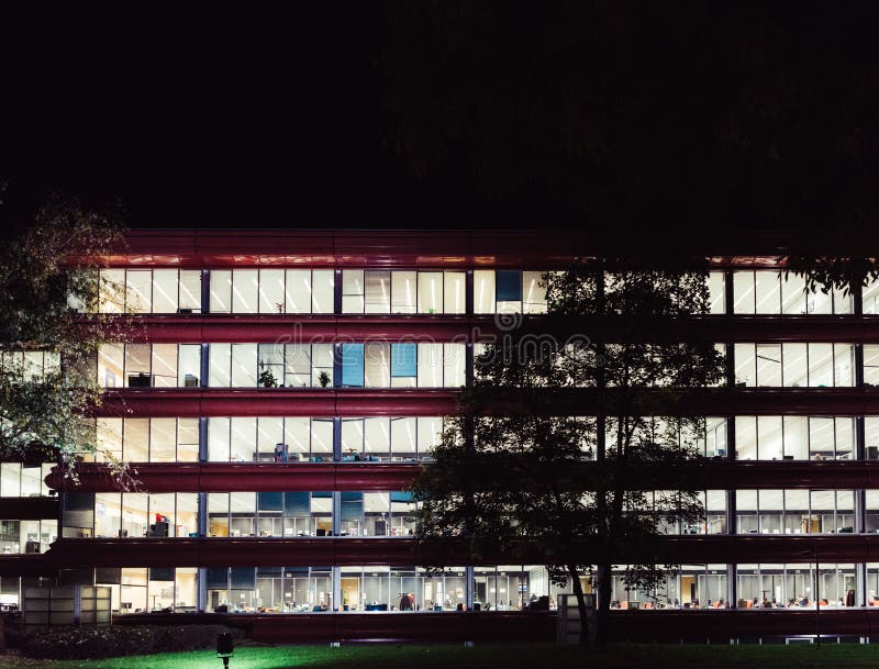 Empty Office Building at Night with Lights Still on Stock Image - Image ...