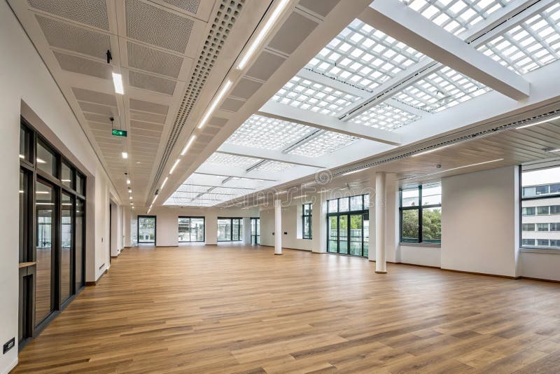 Empty Office Building Interior with Open White Ceiling and Wooden Floor ...