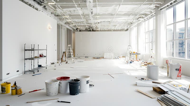 Empty Office Building Undergoing Renovation with Construction Materials ...