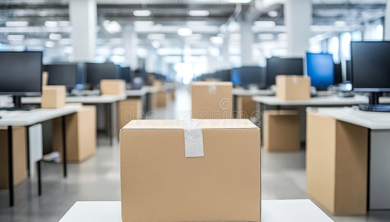 Empty Office with Cardboard Boxes on Desks Illustrating a Corporate ...