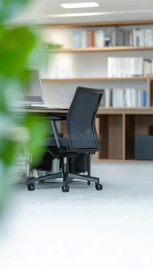 Empty Office Chair in Front of Desk with Blurred Bookshelf in ...