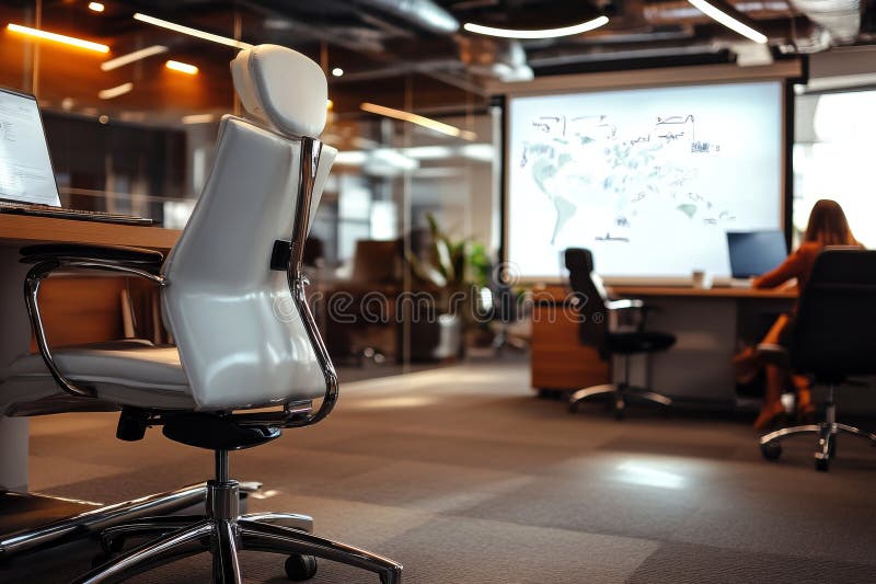 Empty Office Chair with Global Business Strategy Presentation in ...