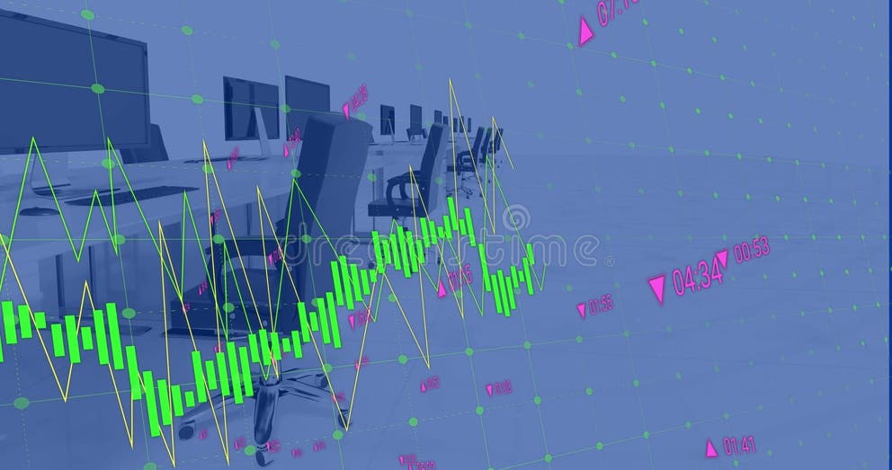 Empty Office with Computer Monitors and Stock Market Graphs Overlay ...