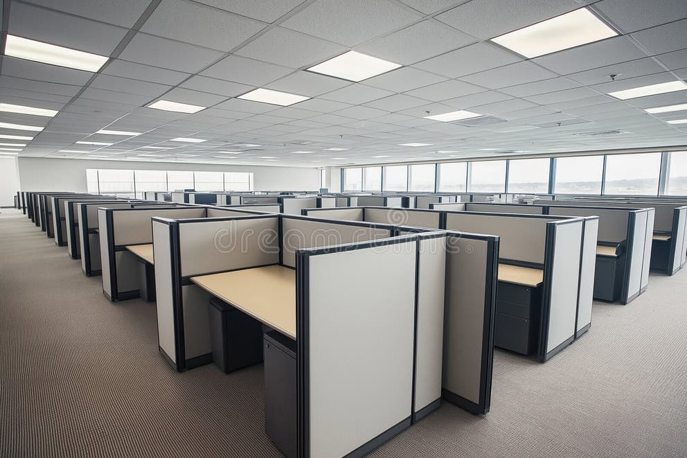Empty Office Cubicles Line the Large Room. Modern Workspaces with Beige Desks and Gray ...