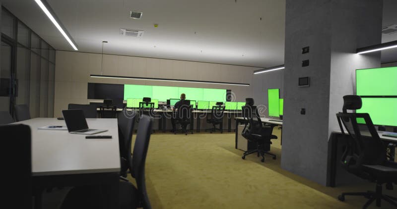 Empty Office, Desk, and Chairs at a Main CCTV Security Data Center with ...