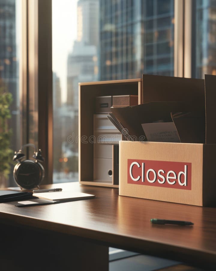 An Empty Office Desk with a Closed Sign and Packed Belongings Under ...