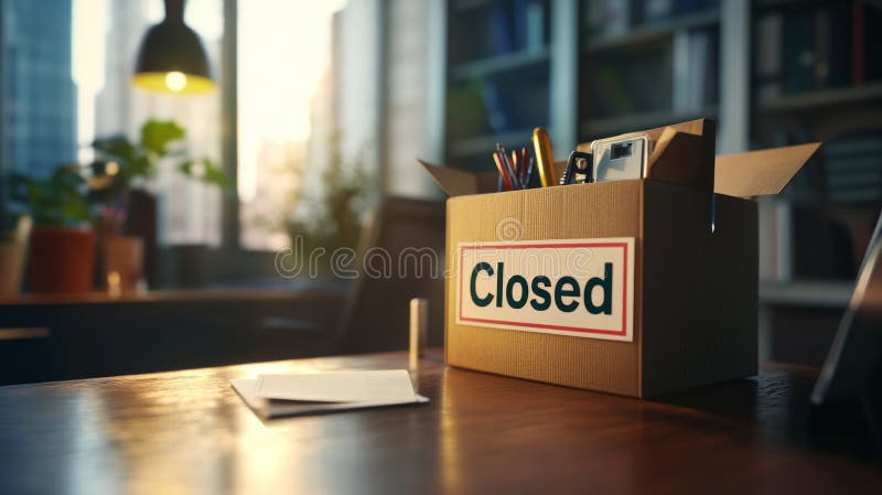 Empty Office Desk with a Closed Sign and Personal Belongings Packed in ...