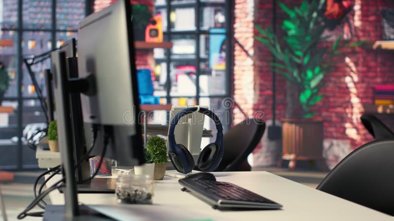 Empty Office Desk with Computer Screen Showing Terminal Windows Stock ...