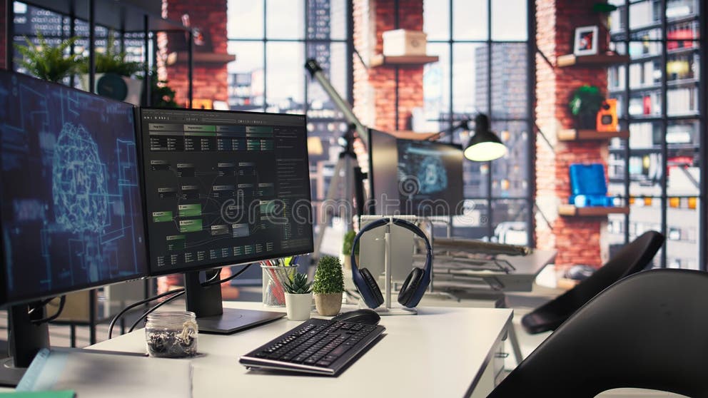 Empty Office Desk with Computer Screen Showing Terminal Windows Stock ...
