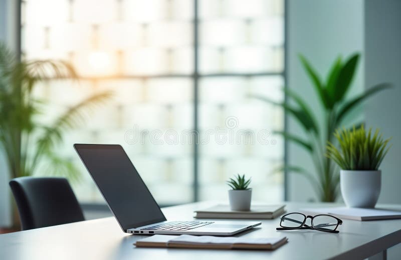 Empty Office Desk with Laptop Notebook, Glasses. Daylight Streams into ...