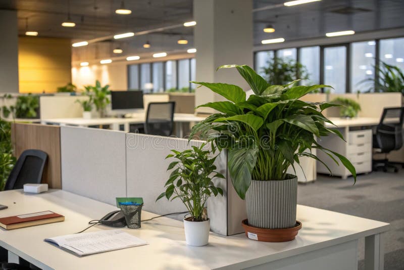 Empty Office Desk with Plant and Copy Space Stock Illustration ...