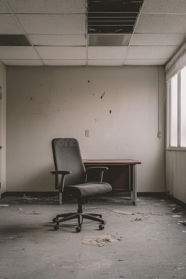 Abandoned Office Space with Damaged Ceiling and Worn Furniture in ...