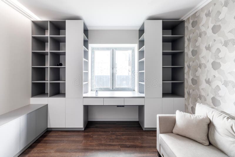 Empty Office with Desk and Shelves in Gray and White Stock Photo ... Empty Office with Desk and Shelves in Gray and White Stock Photo ...
