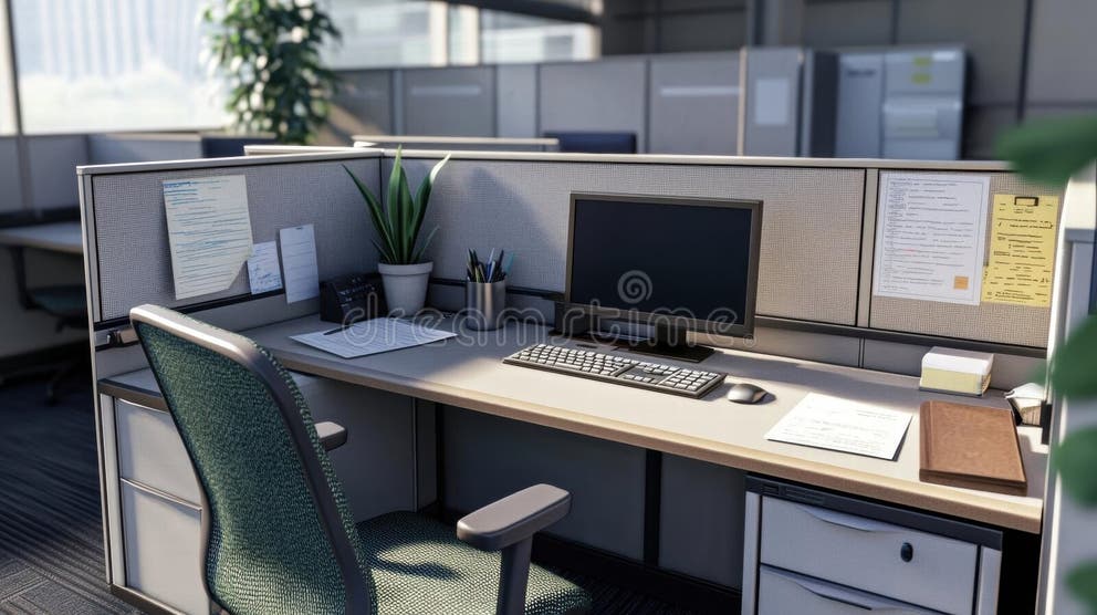 Empty Office Desk Shows Computer, Keyboard, and Cubicle Workspace with ...