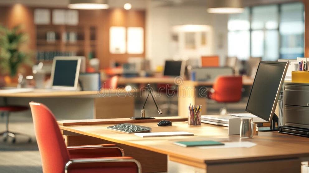 Empty Office Desk Shows Workplace Ready with Computer, Keyboard, and ...