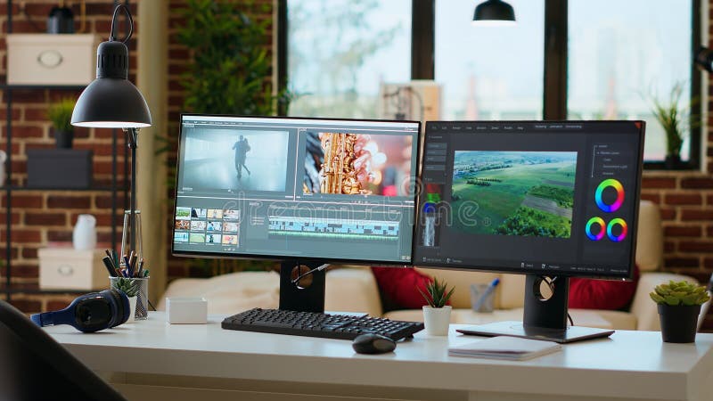 Empty Office Desk with a Video Editing Software Running on Computer ...