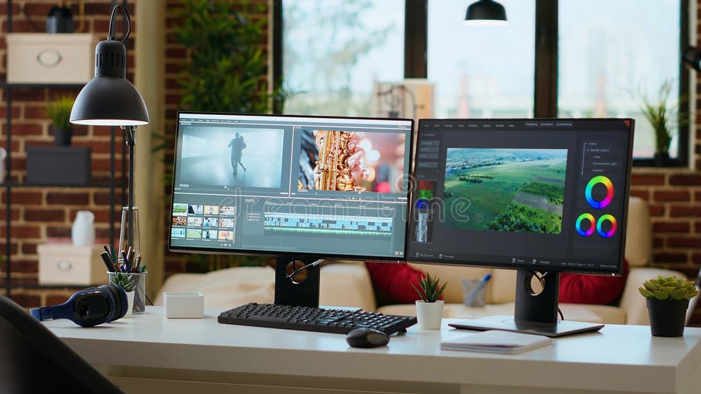 Empty Office Desk with a Video Editing Software Running on Computer ...