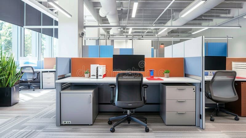 Empty Office with Desks, Chairs, and a Plant Stock Image - Image of ...