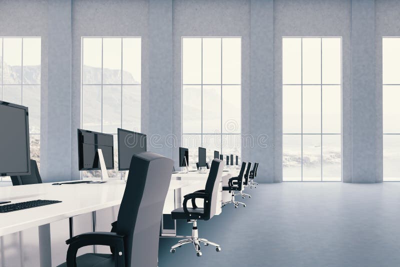 Empty Office with Desks and Computers Stock Illustration - Illustration ...
