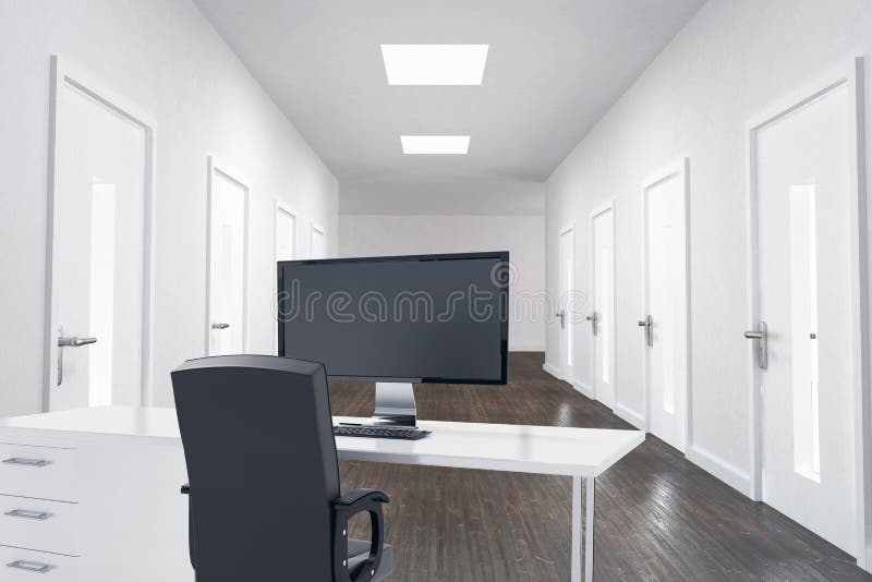 Empty Office with Desks and Computers Stock Illustration - Illustration ...