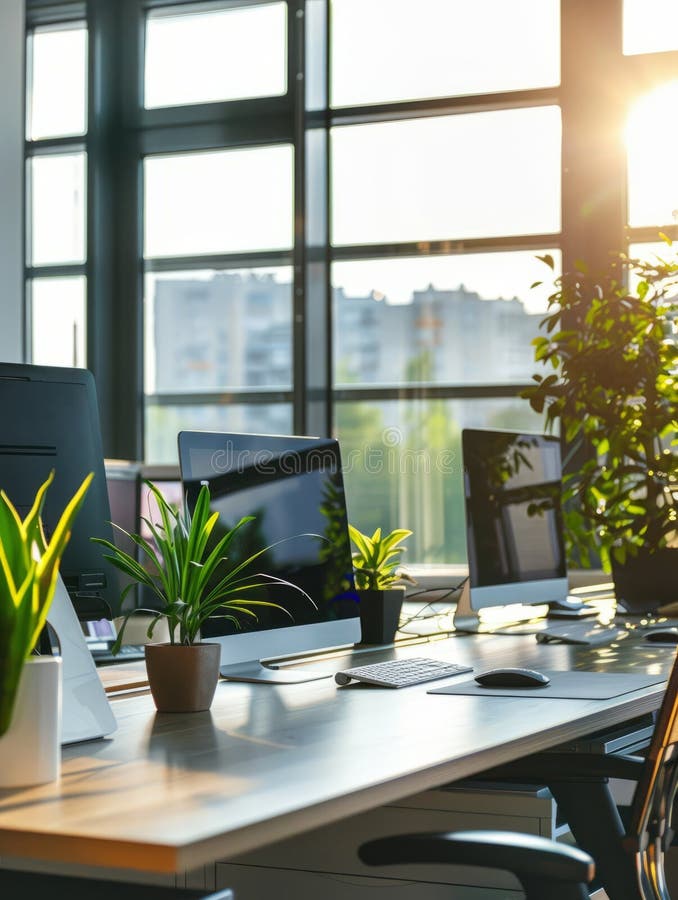 Modern Office Desk with Plants and Computers Enjoying Sunlight by Large ...