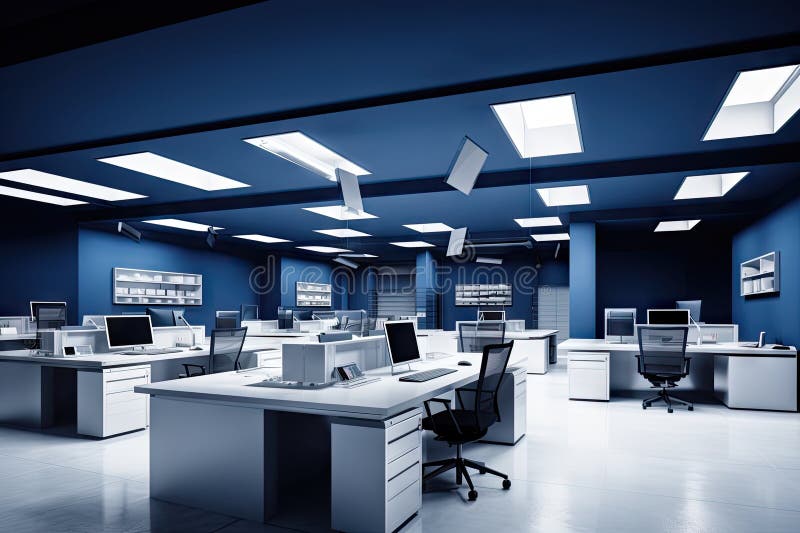 Empty Office with Desks and Laptops, Big Modern Office an Night ...