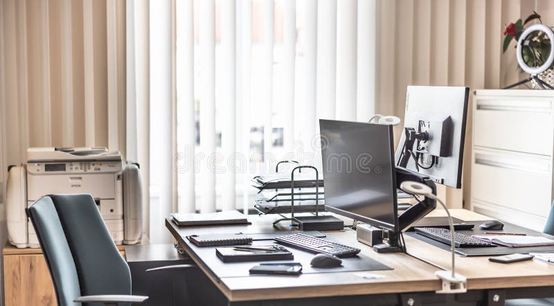 Empty Office Equipped with Computers, Tablets, Printer and Office ...