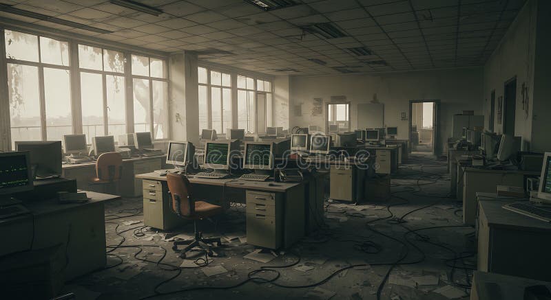 Desolate Office Space with Old Computers and Abandoned Desks Stock ...
