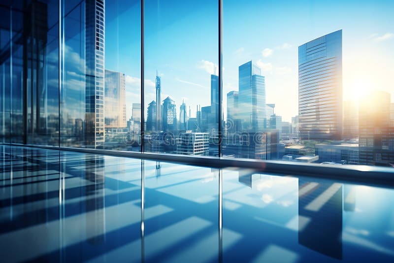 Empty Office with Glass Windows and City View. 3D Rendering Stock ...