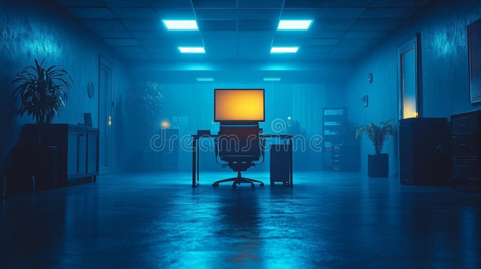 Empty Office with a Glowing Screen Evoking a Sense of Solitude and ...