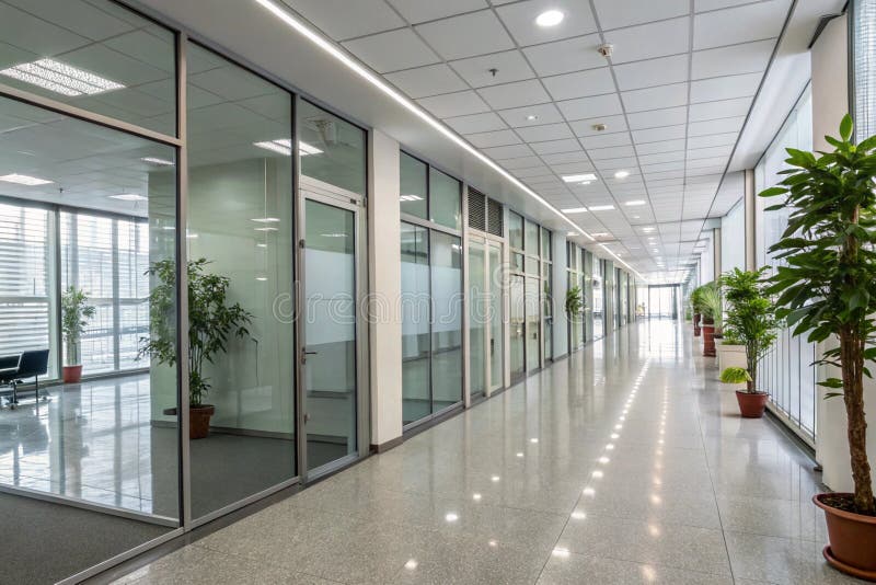 Empty Office Hall with Glass Walls and Doors Stock Illustration ...
