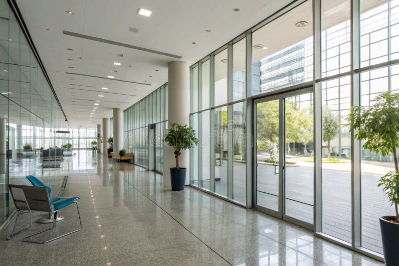 Empty Office Hall with Glass Walls and Doors Stock Illustration ...