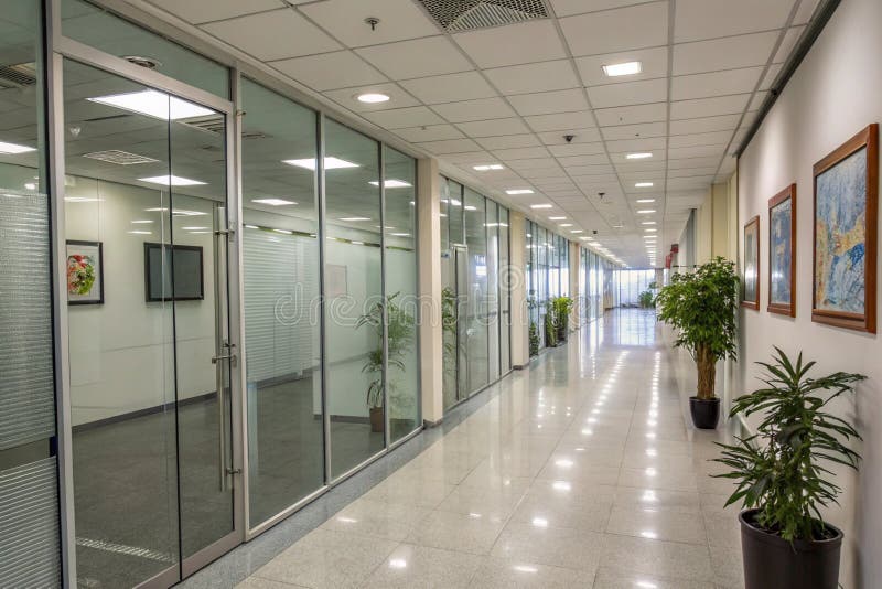 Empty Office Hall with Glass Walls and Doors Stock Illustration ...