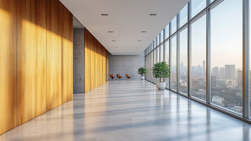 Empty Office Hallway, City View, Sunlight, Building Interior ...