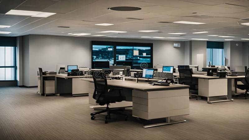 Empty Office Interior with Desk, Computers, and a Large Screen Stock ...